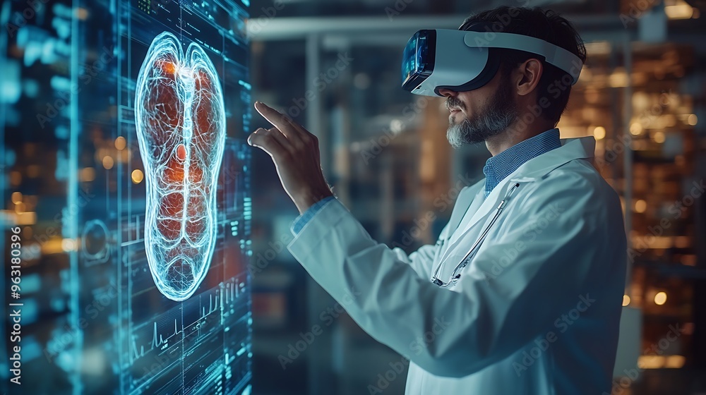Professional doctor wearing lab coat and VR headset while looking at ...