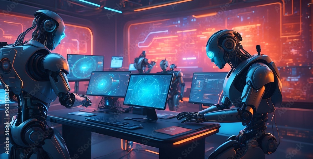 AI. Artificial intelligence. Head robot hanging over podium and look at virtual dashboard ...