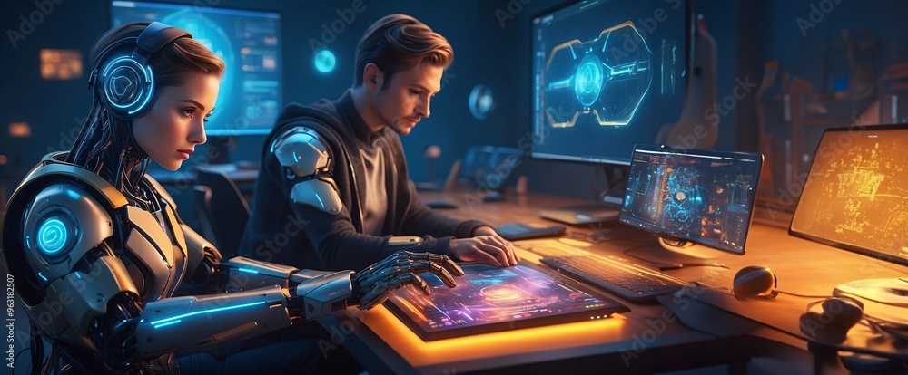 AI. Artificial intelligence. Head robot hanging over podium and look at virtual dashboard ...