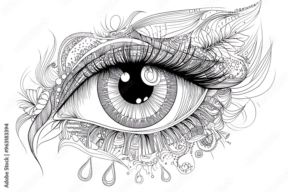 Antistress colouring page. Magic eye with feathers instead of eyelashes ...