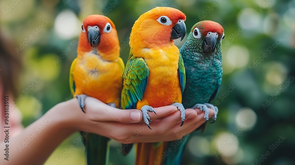 Parrots are sitting on a handA girl with birdsCockatiel parrots of ...