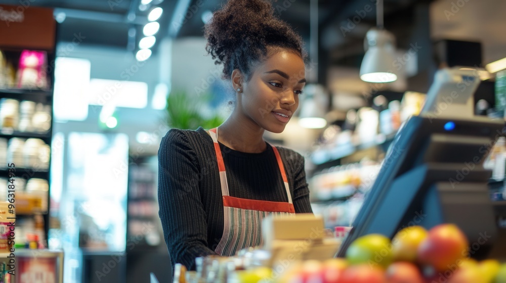 Black cashier managing a busy checkout station with detailed product ...