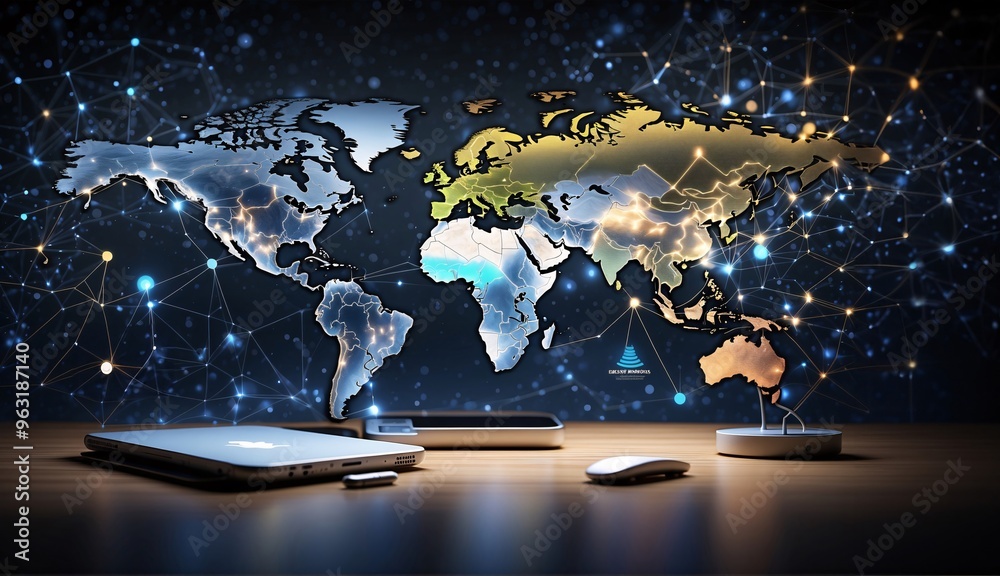 World map, countries cities are connected by lines. Global ...