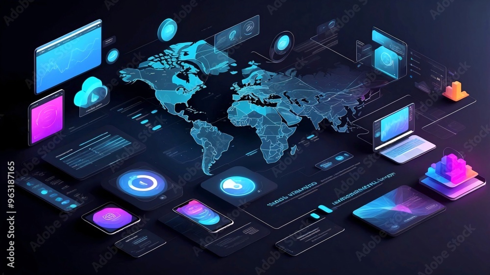 World map, countries cities are connected by lines. Global ...