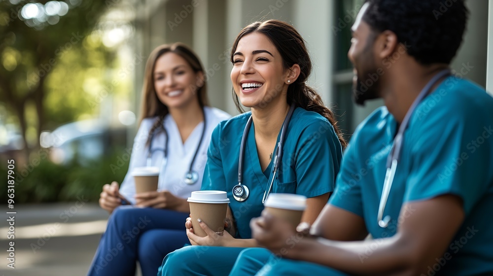 Two diverse female and one male healthcare workers in scrubs take a ...