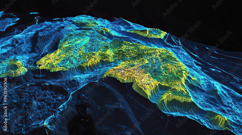 Technical aerial visual, 3D LiDAR GIS aerial map satellite scan model ...