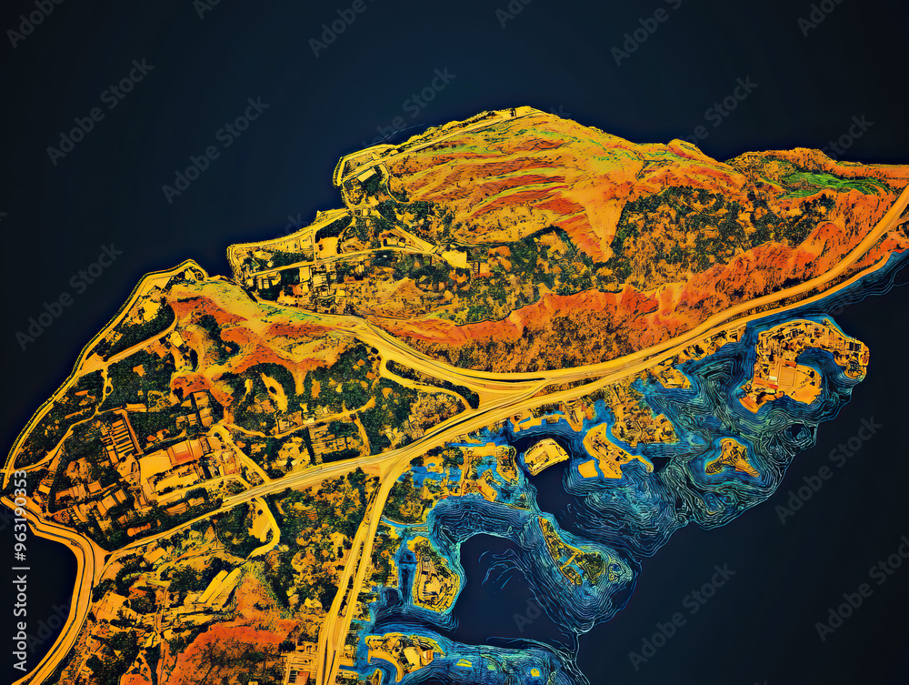 Technical aerial visual, 3D LiDAR GIS aerial map satellite scan model isolated, showing Port ...