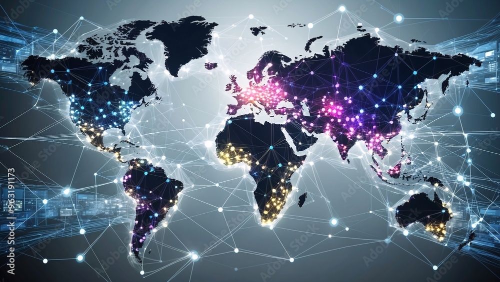 World map, countries cities are connected by lines. Global ...