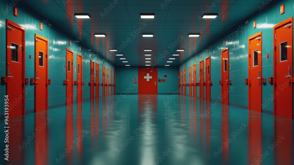 Depiction of emergency exit routes being used during a fire evacuation ...