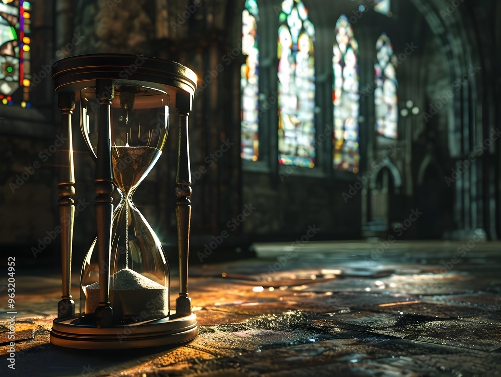 Hourglass in a Gothic Cathedral with Shadowy Sand and Stained Glass ...