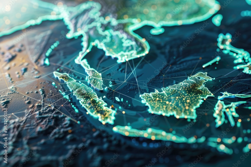 A map of Asia with a green outline. The map is dotted with small dots ...