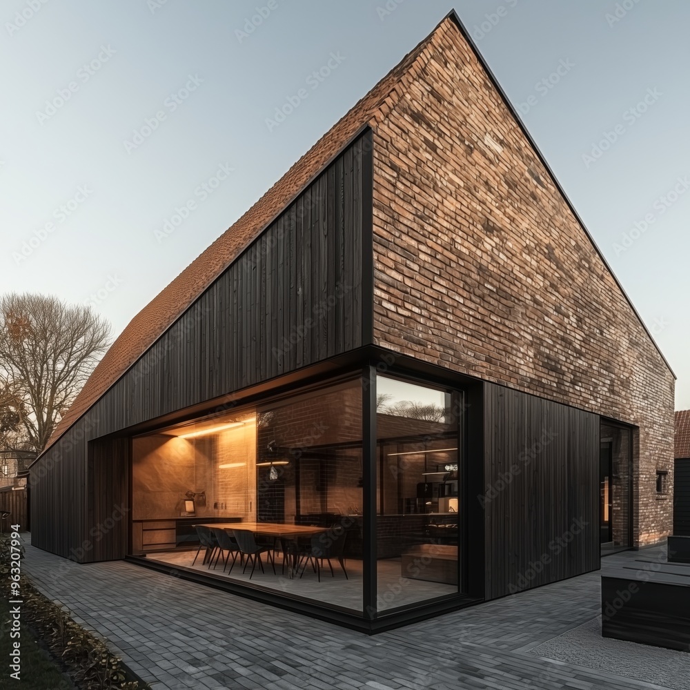 A contemporary residence featuring a blend of brickwork and wooden ...