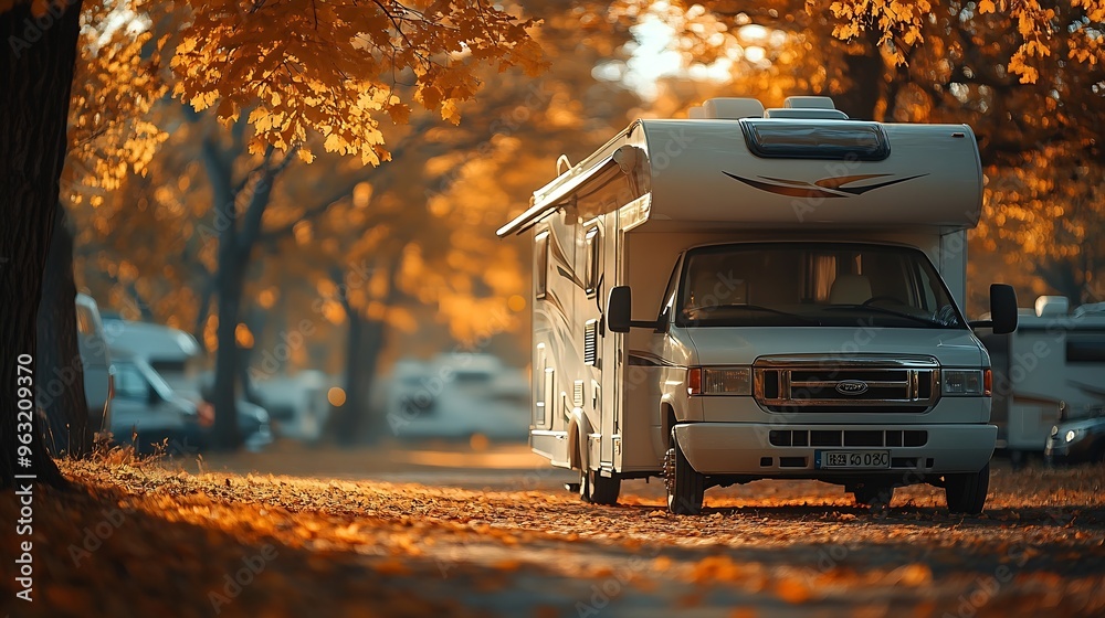 Autumn RV Camping Modern Camper Van During Late Sunny Fall Afternoon ...