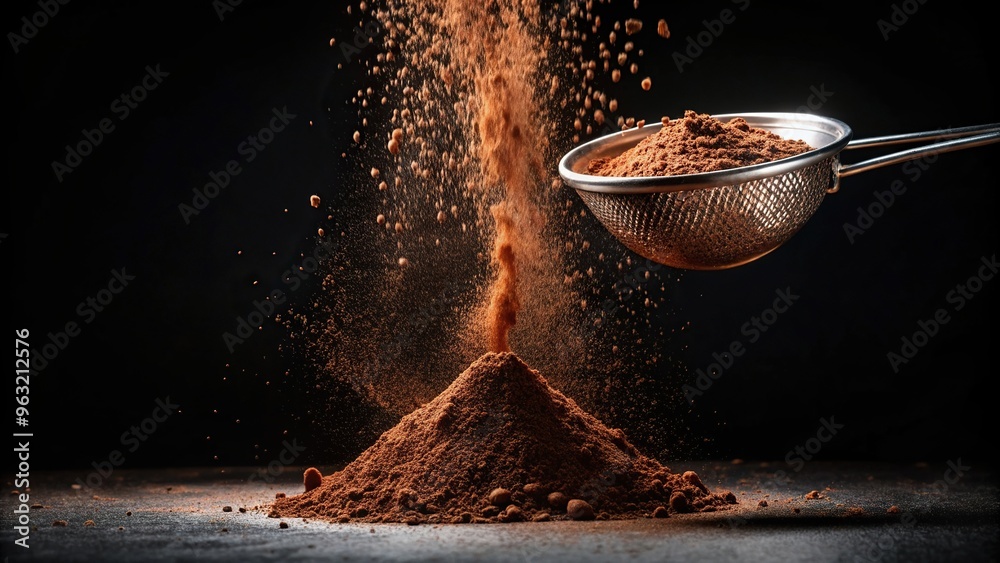 black background, reflective effect, chocolate dust, reflected, sifting ...