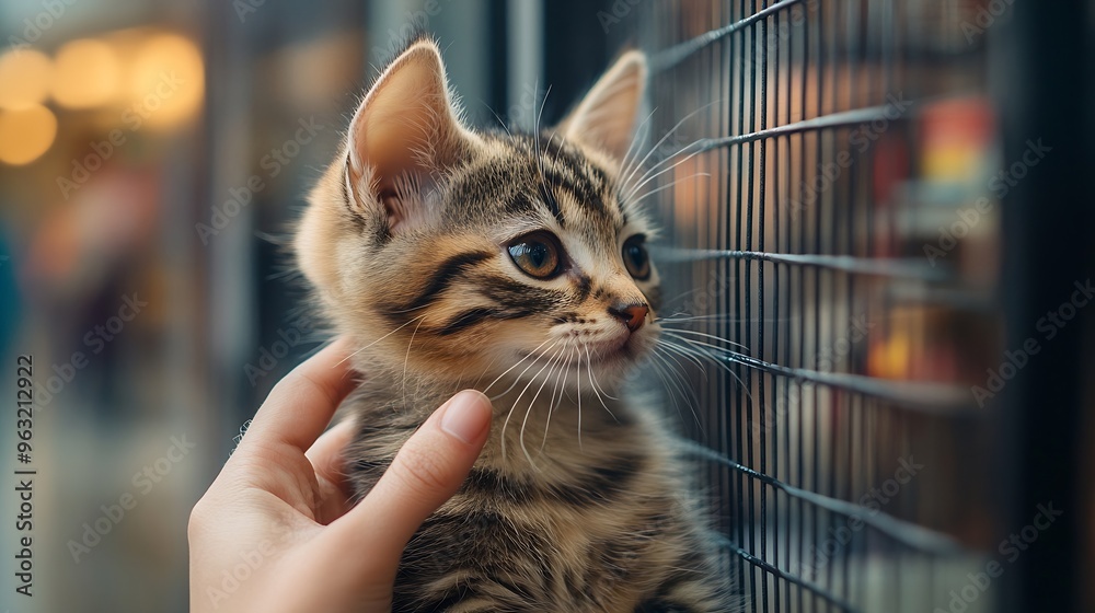 Cat adoption and animal shelter with a hand on a pet store window ...