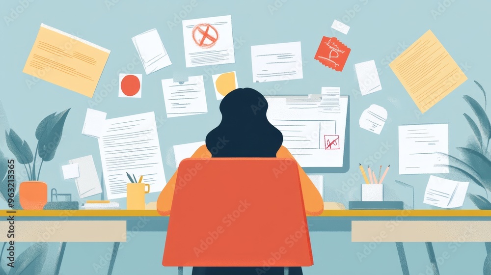 Individual facing rejection and job struggles at a cluttered desk ...