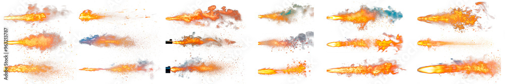 Big set of overlays of a muzzle flash isolated on a white or ...