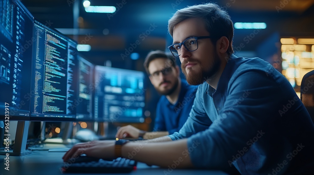Portrait of two professional male programmers working on computer in diverse offices Modern IT ...