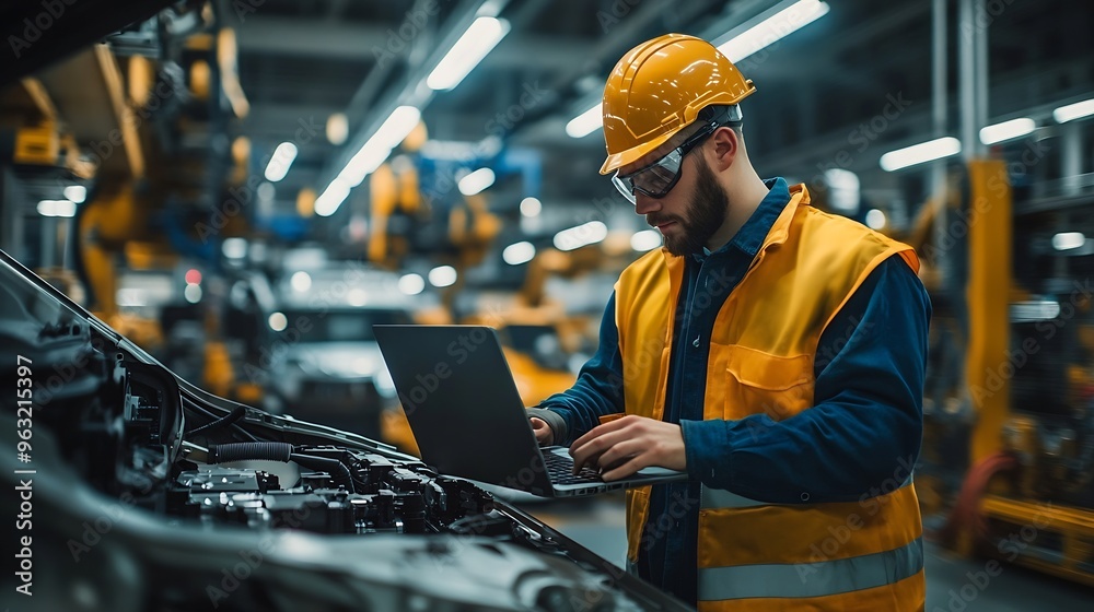 Car Factory Engineer in High Visibility Vest Using Laptop Computer ...