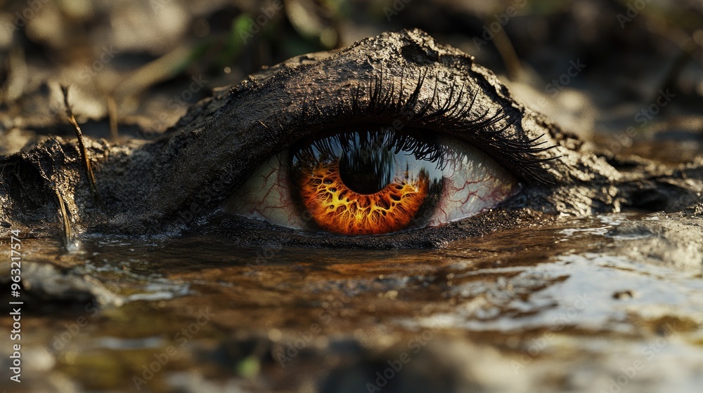 A surreal, creepy eye emerging from the mud, constantly watching in an ...