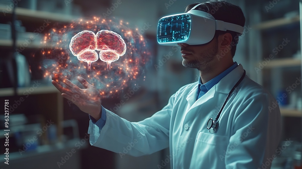 Professional doctor wearing lab coat and VR headset while looking at ...