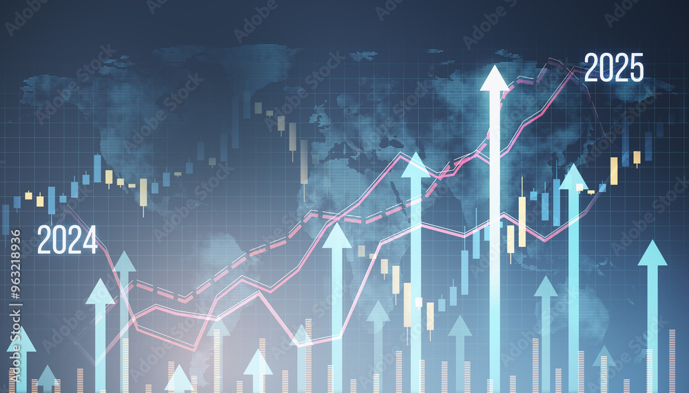 Financial Trading Graph with Upward Trends for 2024 and 2025. 3D ...