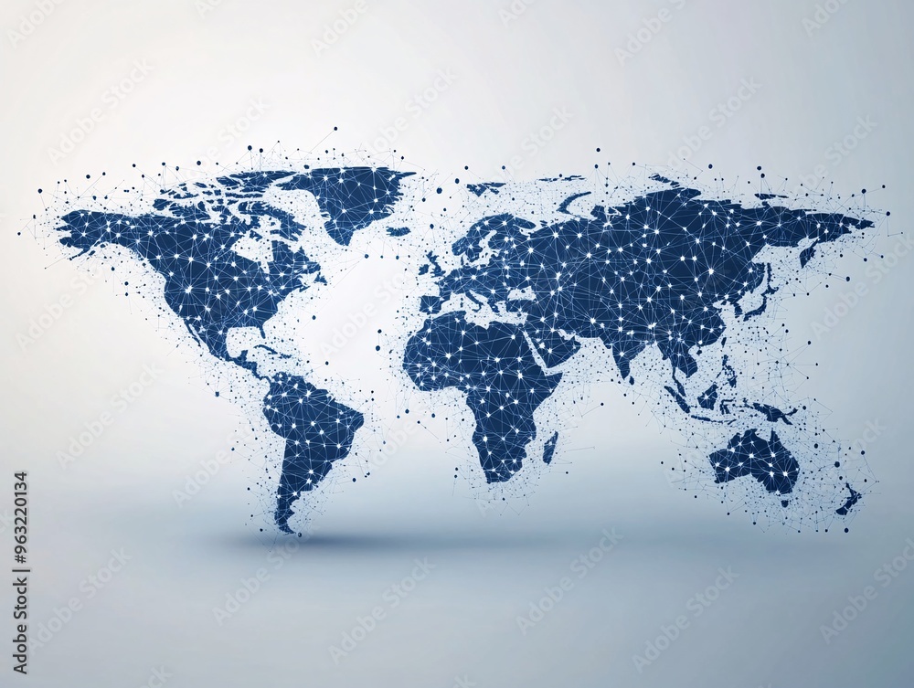World map with network connections showing global communication lines ...