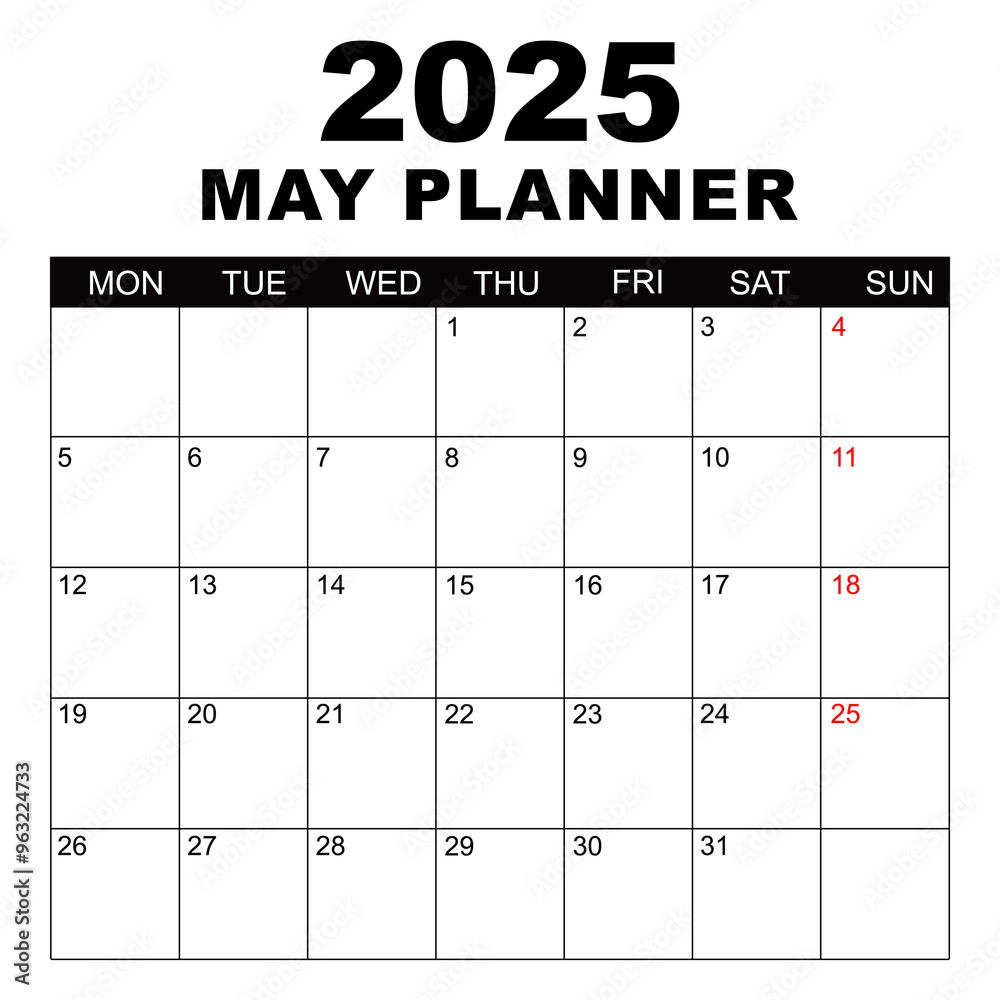 May 2025 Calendar. Week starts on Monday. Blank Calendar Template. Fits ...