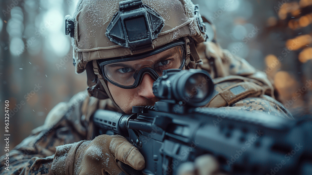 A photo of an urban close-up shot portrait of a modern soldier wearing ...