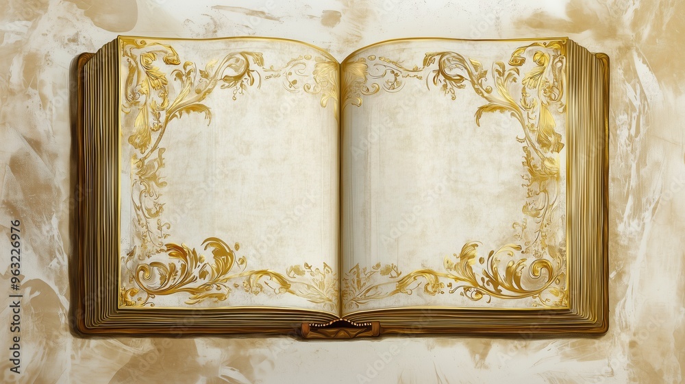Poster Antique Open Book With Ornate Golden Frame, Vintage Parchment ...