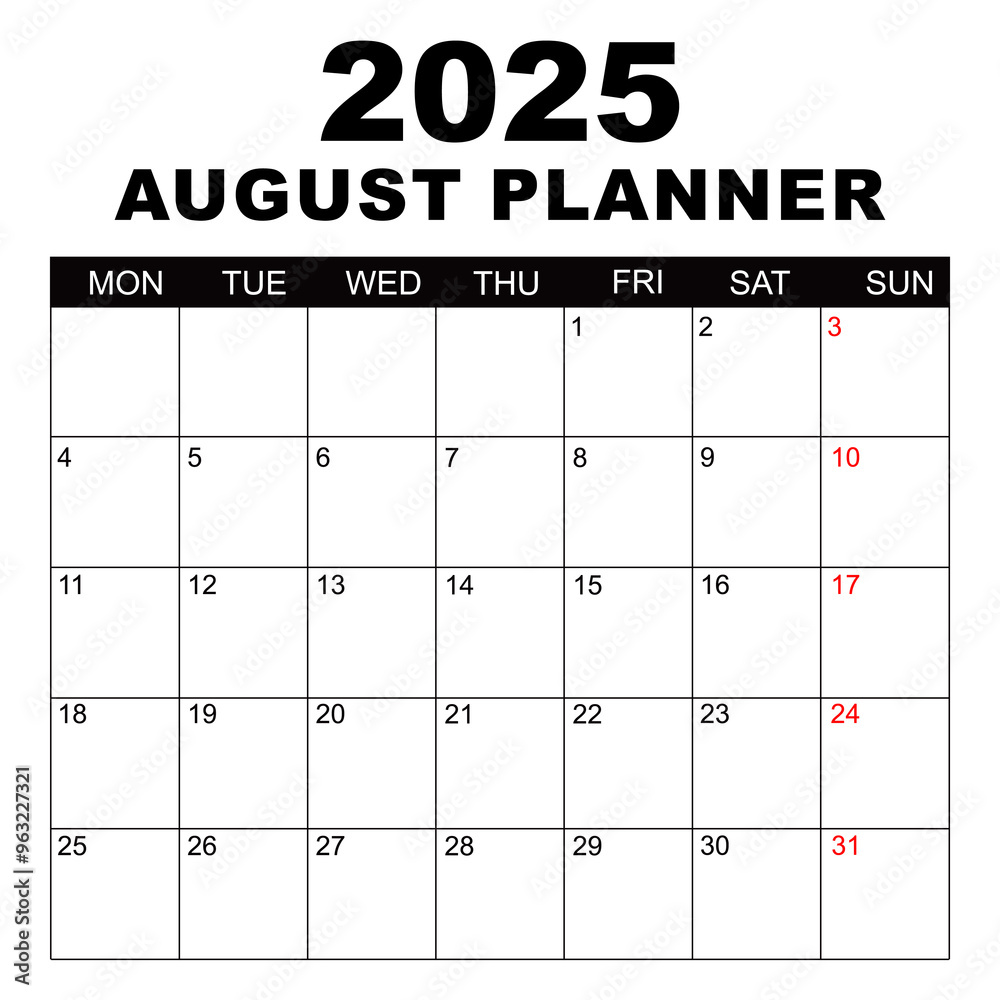 August 2025 Calendar. Week starts on Monday. Blank Calendar Template ...