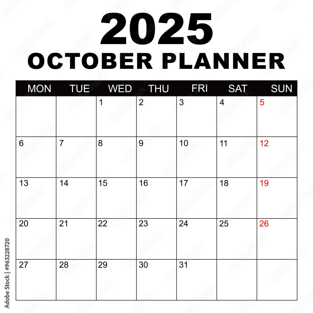 October 2025 Calendar. Week starts on Monday. Blank Calendar Template ...