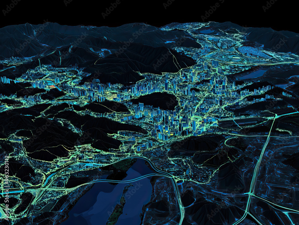 Technical aerial visual, 3D LiDAR GIS aerial map satellite scan model ...