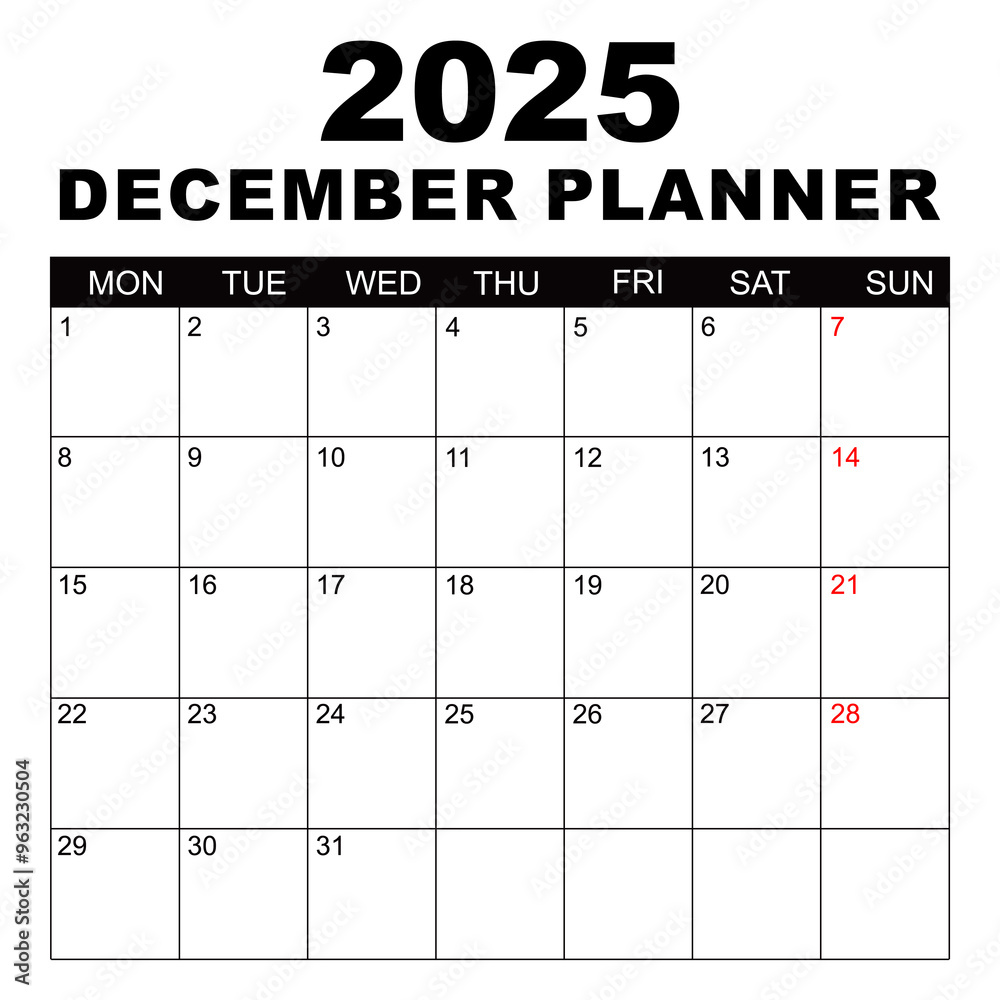 December 2025 Calendar. Week starts on Monday. Blank Calendar Template ...