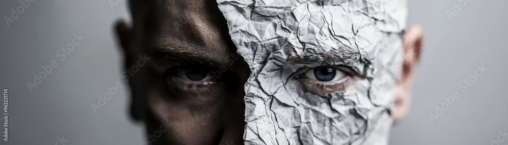 Abstract Portrait of a Man with Half of His Face Covered in Crumpled ...