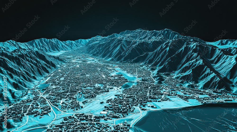 Technical aerial visual, 3D LiDAR GIS aerial map satellite scan model ...