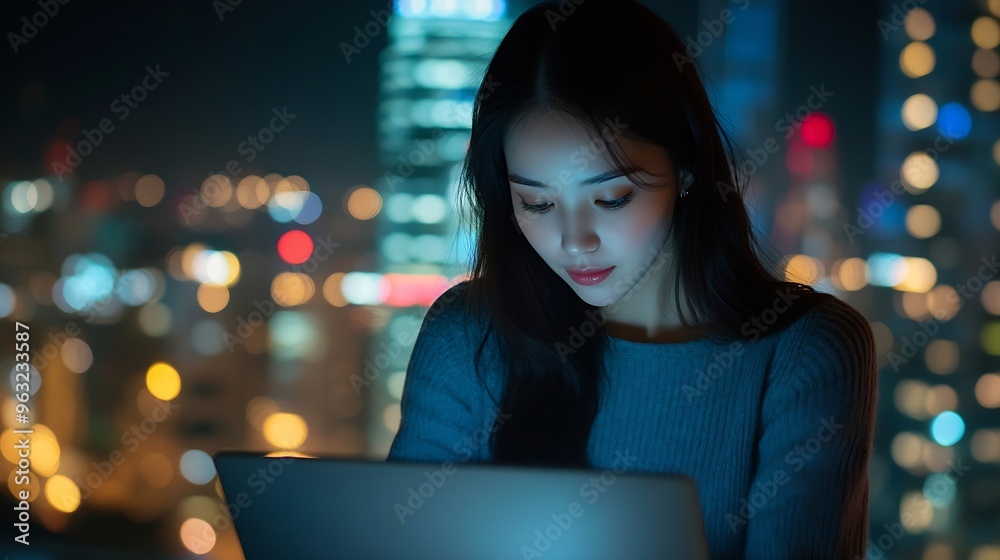 Young Asian woman using laptop computer sending and download digital ...