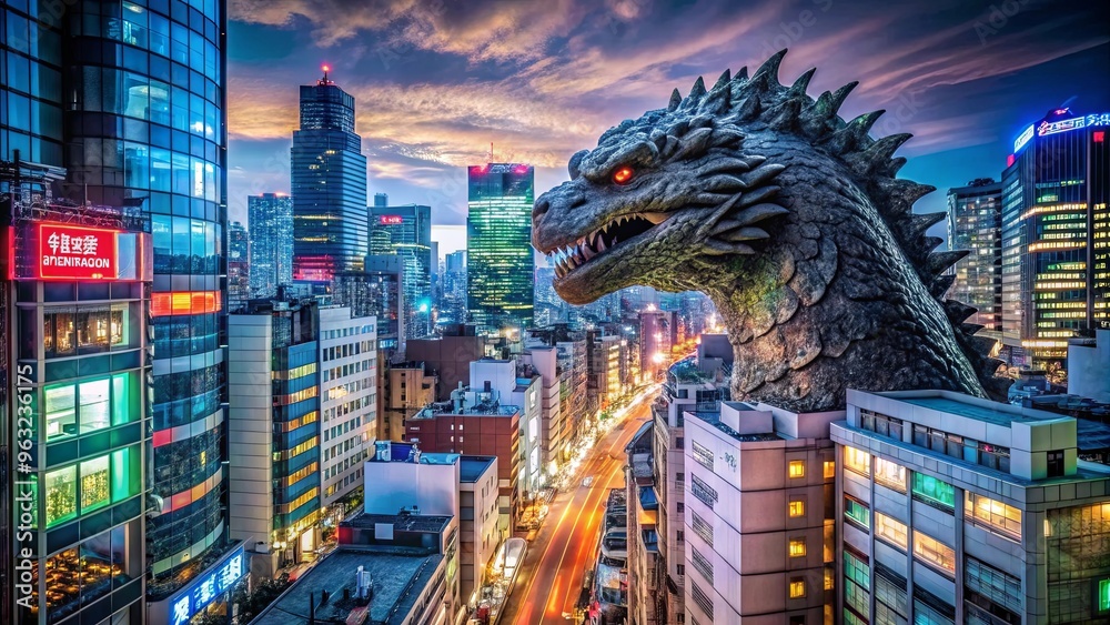 The iconic Godzilla head peering over buildings in Shinjuku, surrounded ...