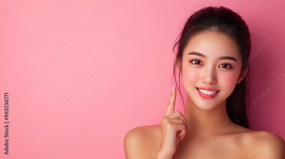 Beautiful young Asian woman pointing finger to her teeth on isolated ...