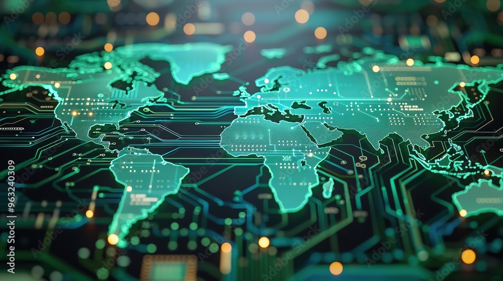 Futuristic world map with digital circuit patterns, representing global ...