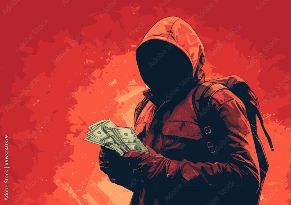 Hacker Stealing Money Online Minimalistic Vector Illustration Of