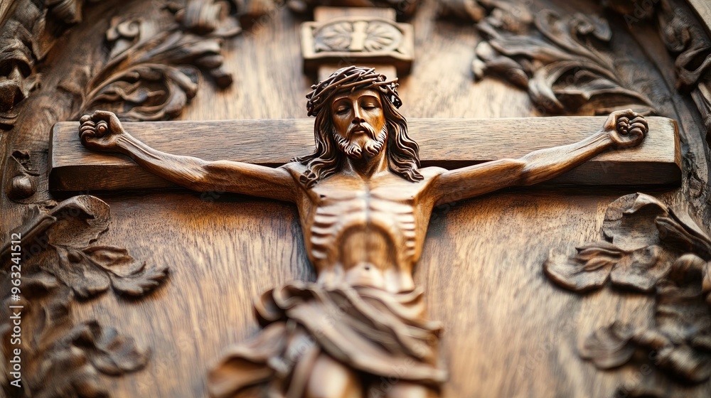 Crucifix icon with a detailed carving of Jesus on the cross ...