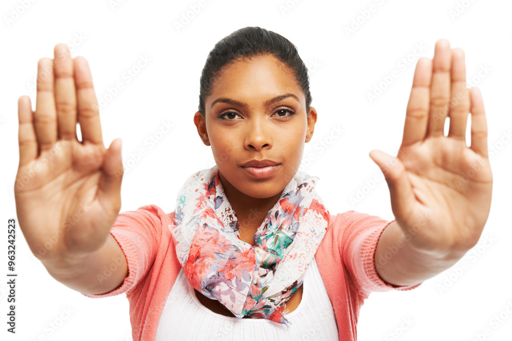 Hands, stop and portrait of woman in studio with gesture for rejection ...