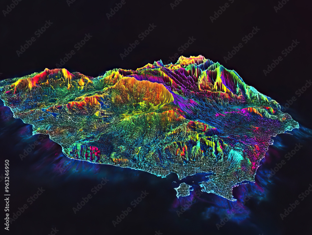 Technical aerial visual, 3D LiDAR GIS aerial map satellite scan model isolated, showing Suva ...