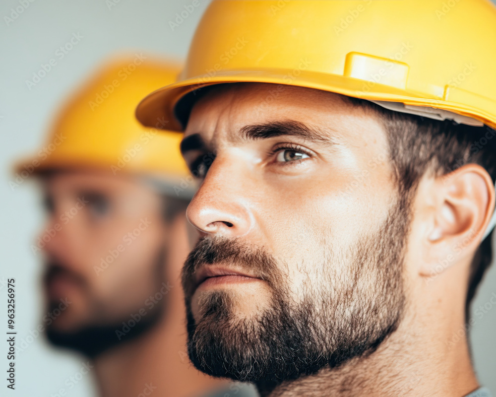 Two construction workers wearing yellow hard hats, focused on their ...