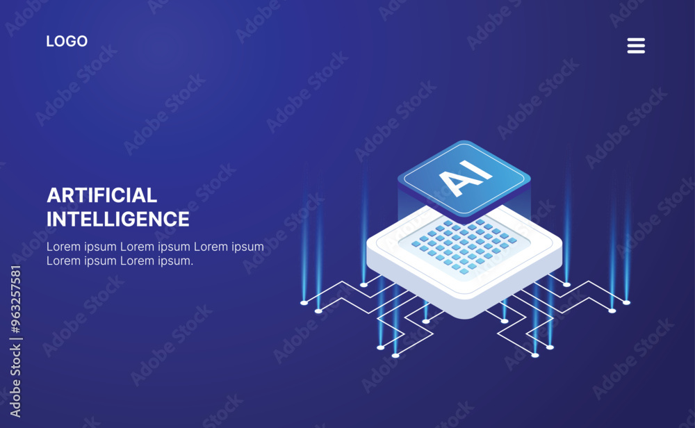 Poster Artificial Intelligence, Isometric Vector banner for AI, Deep Learning, Machine Learning ...