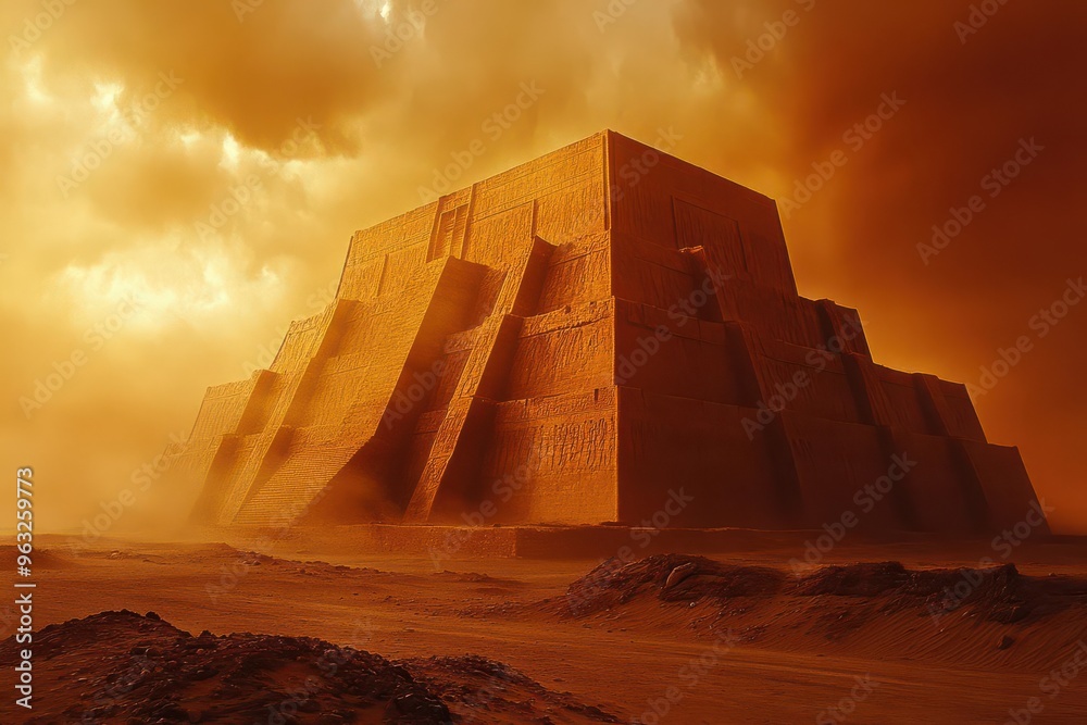 Ancient Mesopotamian ziggurat in the desert, Iraq in a dramatic ...