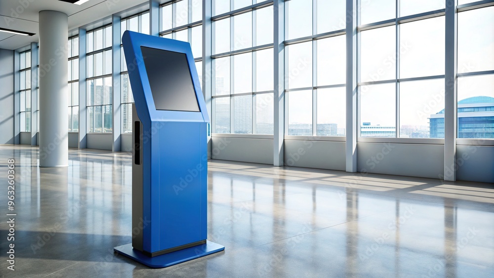 Modern blue digital self-service kiosk with touchscreen display stands ...