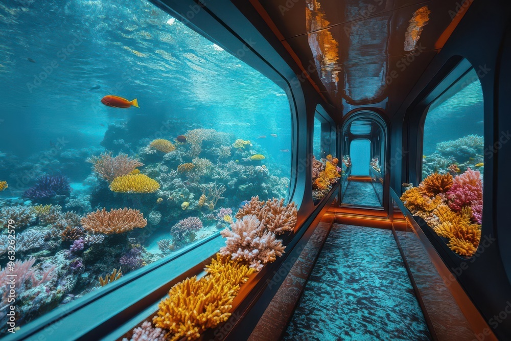 Underwater luxury hotel, panoramic views of coral reef captured in a ...