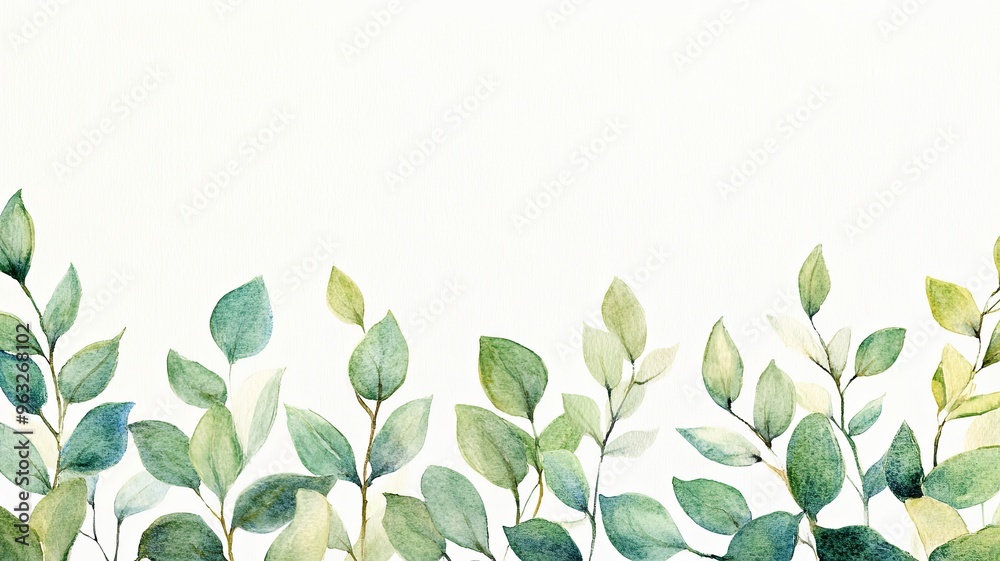 Botanical green leaf watercolor painting border design on white paper ...